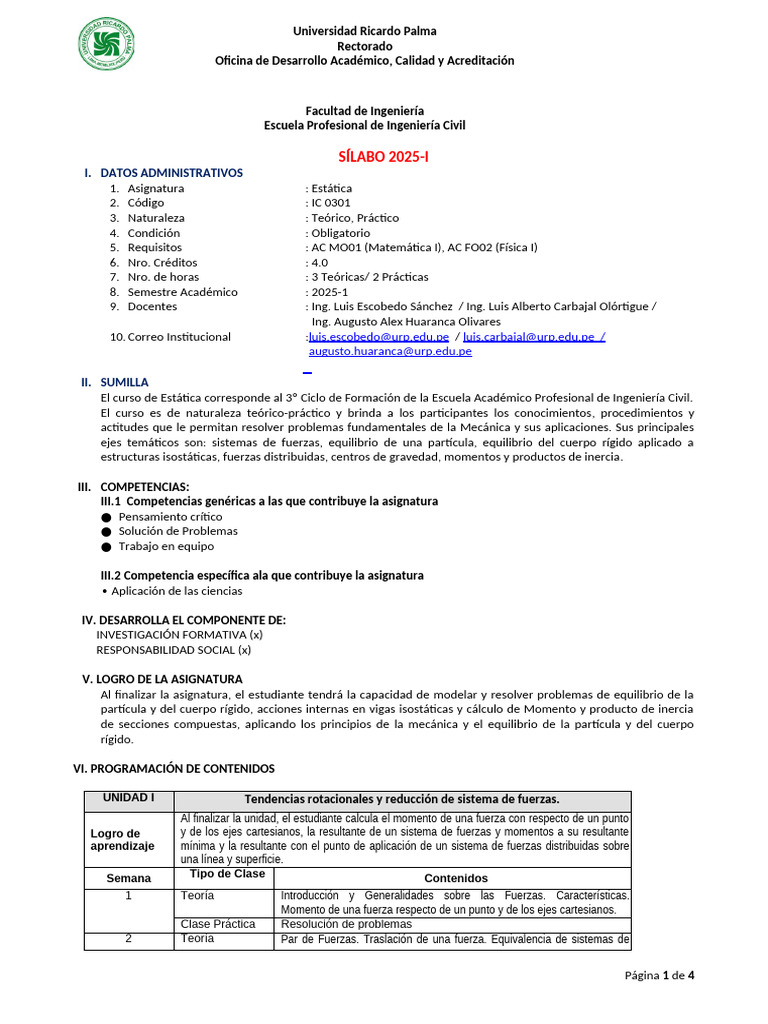 ESTATICA SILABO_IC 0301_2025-1_ Estática_ (5) | PDF | Viga (Estructura ...