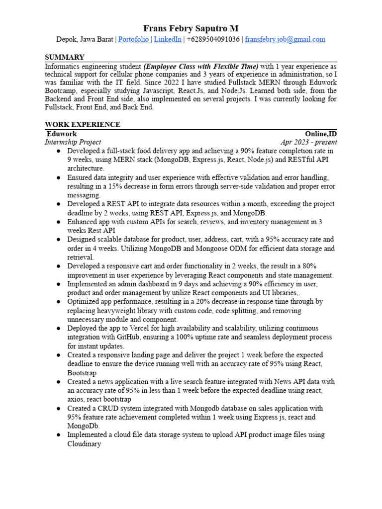 Junior Full Stack Developer Resume | PDF | Software Engineering ...