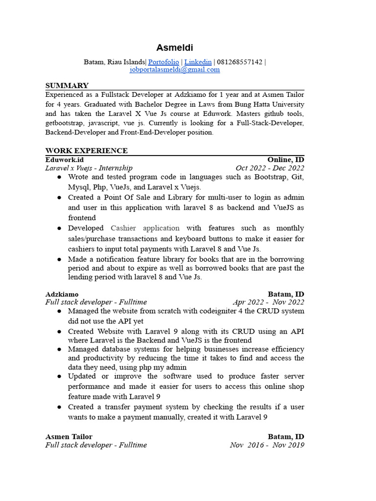 PHP/Vue.js Developer Resume | PDF | My Sql | Databases