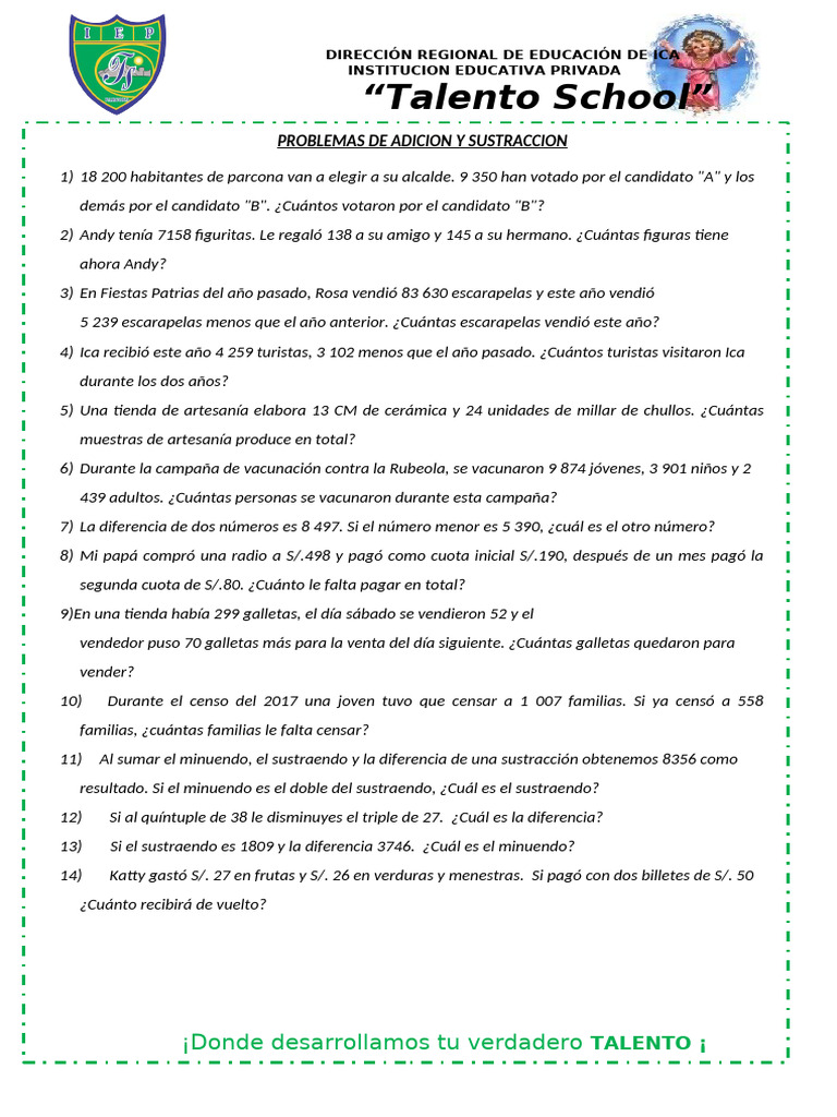 Problemas de Adicion y Sustraccion - 08abril | PDF