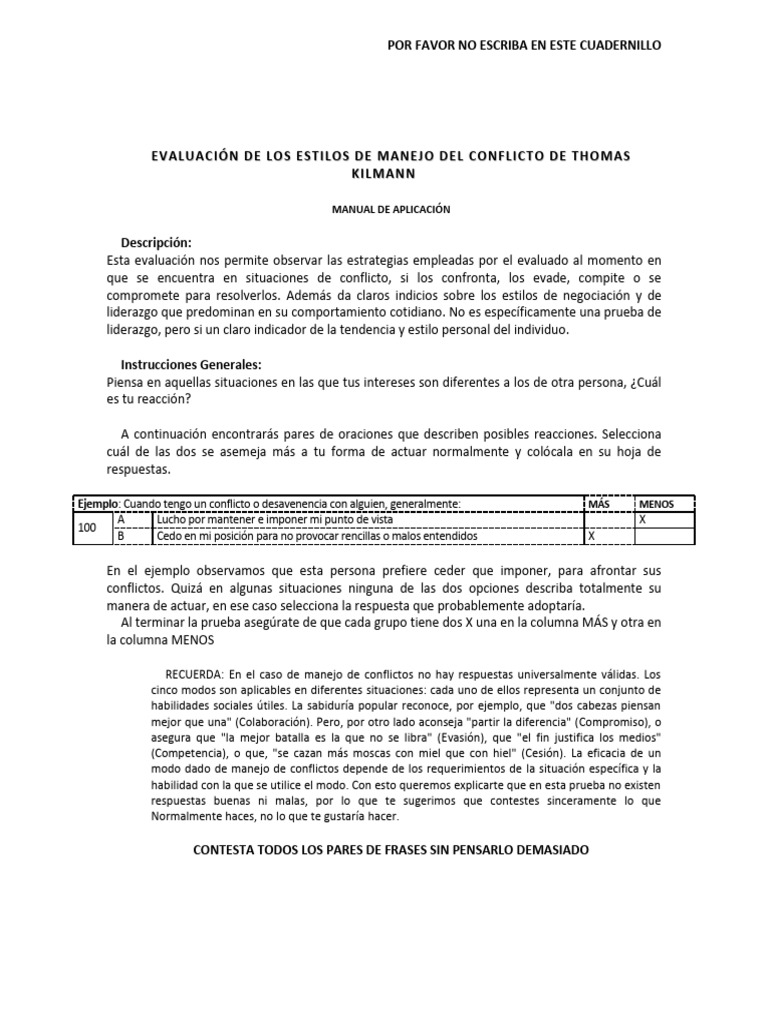 Protocolo Test Estilos de Manejo de Conflicto de Thomas Kilmann | PDF ...