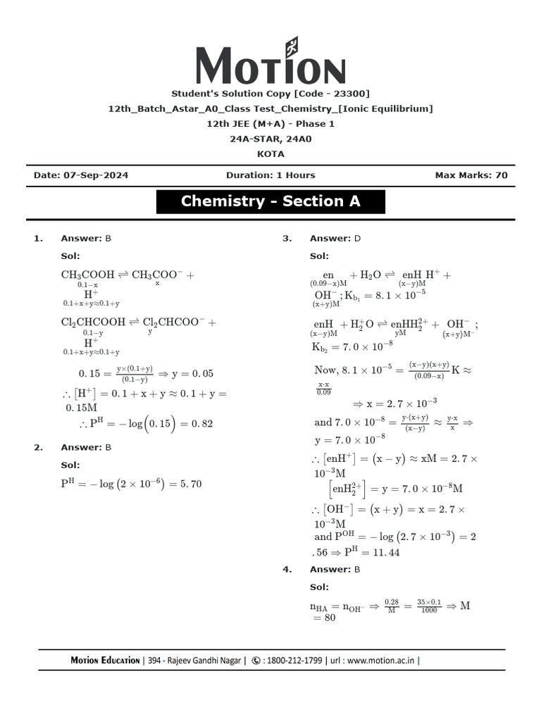 12th - Batch - Astar - A0 - Class Test - Chemistry - (Ionic Equilibrium ...