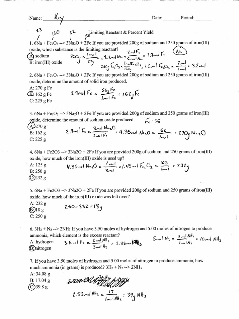 Limiting Reactant, Percent Yield Multiple Choice Answers | PDF