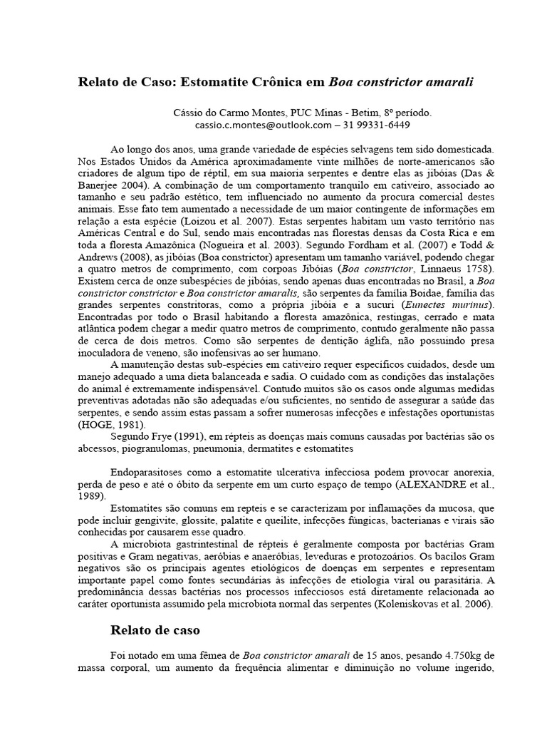 Estomatite Crônica em Boa Constrictor Amarali | PDF | Infecção | Bactérias
