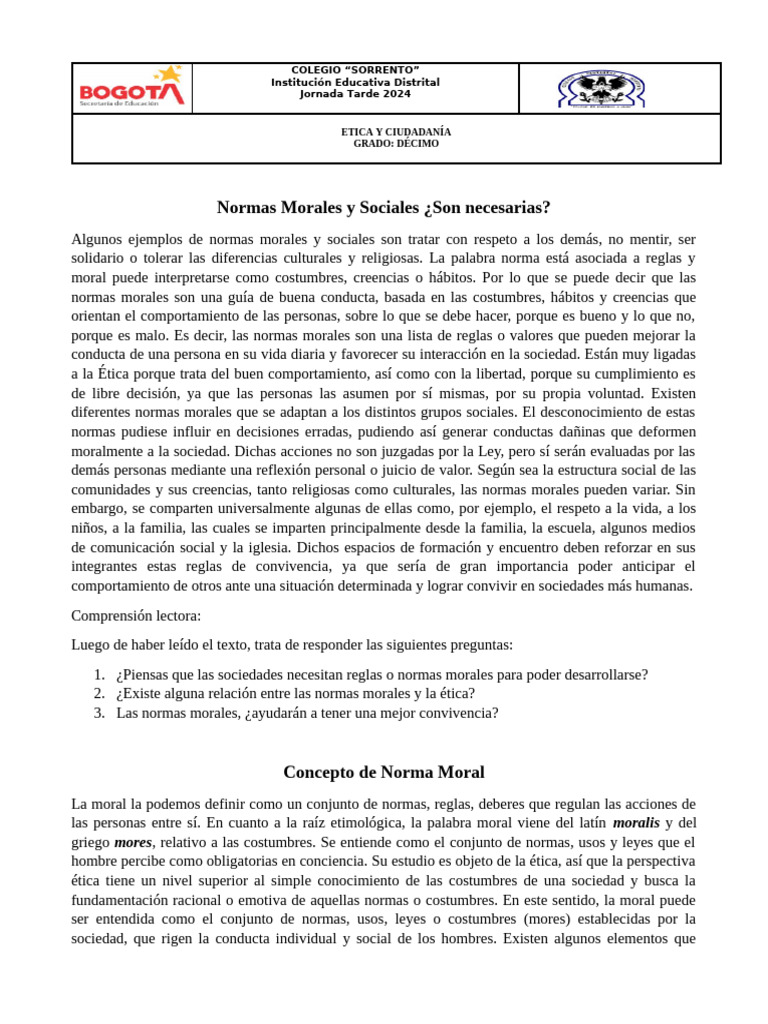 Guia Etica Decimo 2025 | PDF | Moralidad | Comportamiento