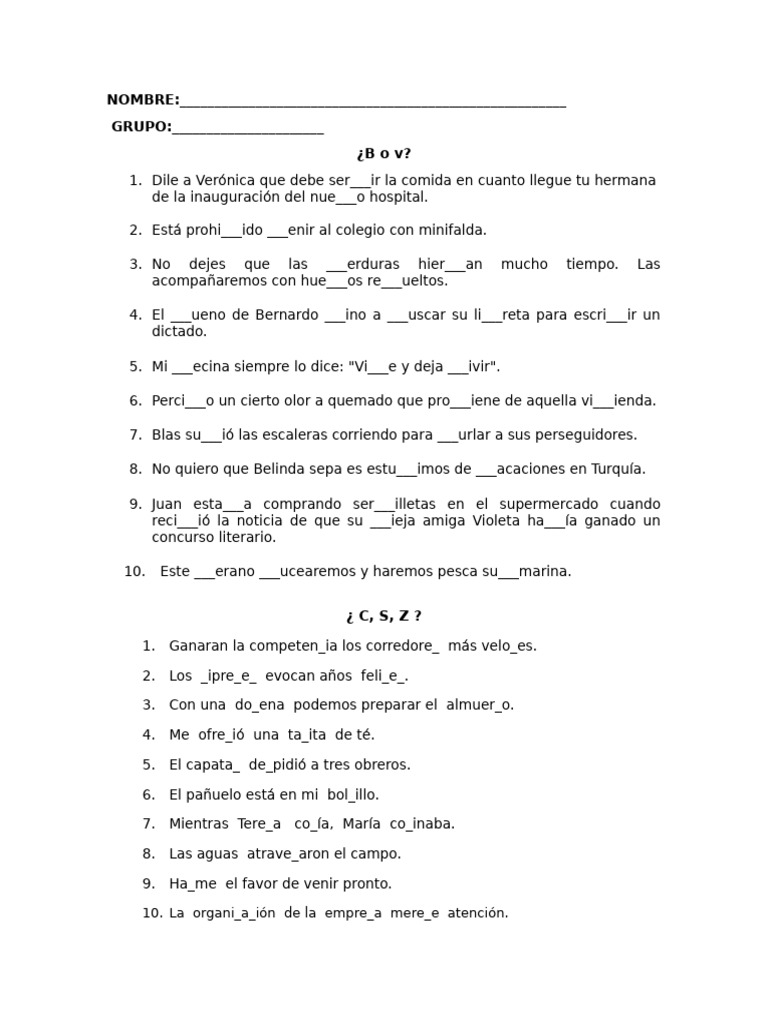 Ejercicios de Ortografía: B, V, C, S, Z, G, J | PDF