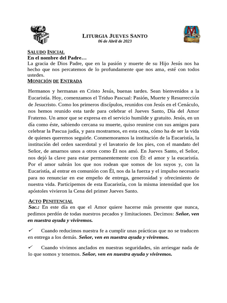 Liturgia Jueves Santo 2023 | PDF | eucaristía | Adoración Cristiana Y Liturgia