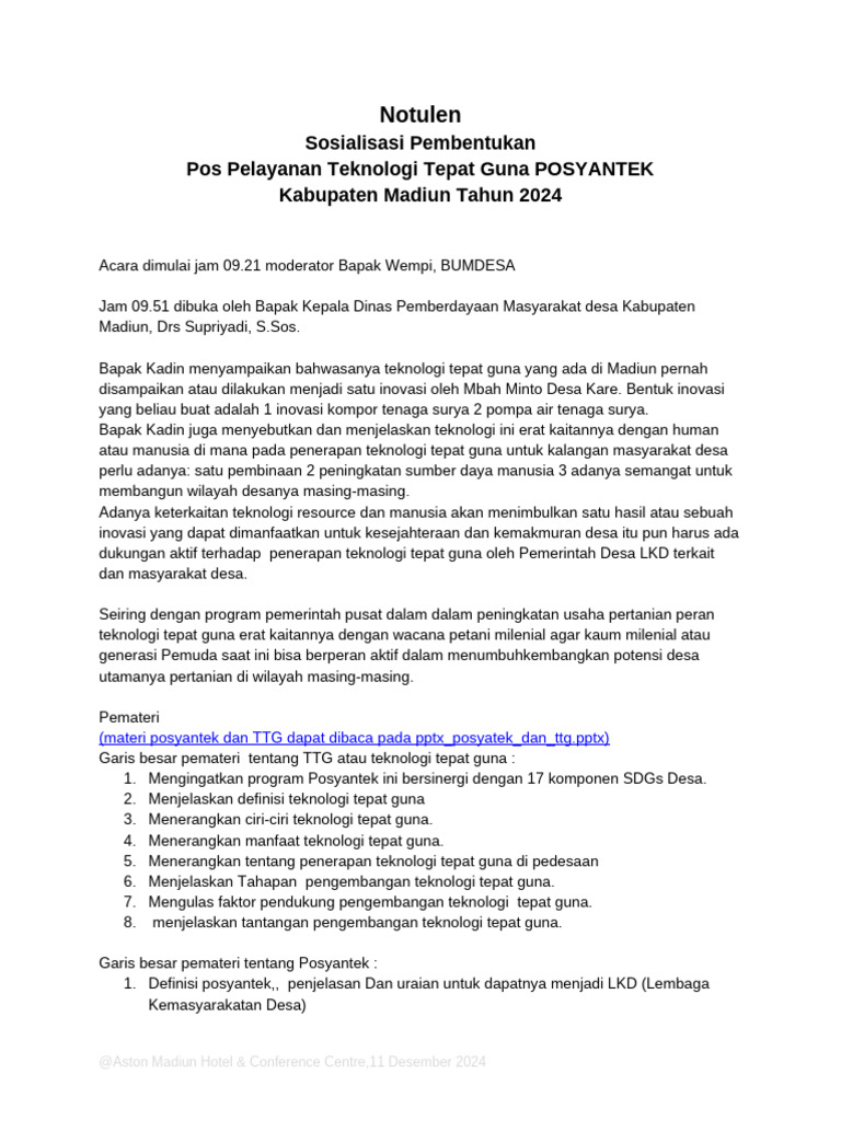 Notulen Sosialisasi Pembentukan Pos Pelayanan Teknologi Tepat Guna POSYANTEK Kabupaten Madiun ...