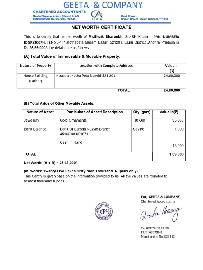 Net Worth Certificate for Shaik Sharookh | PDF