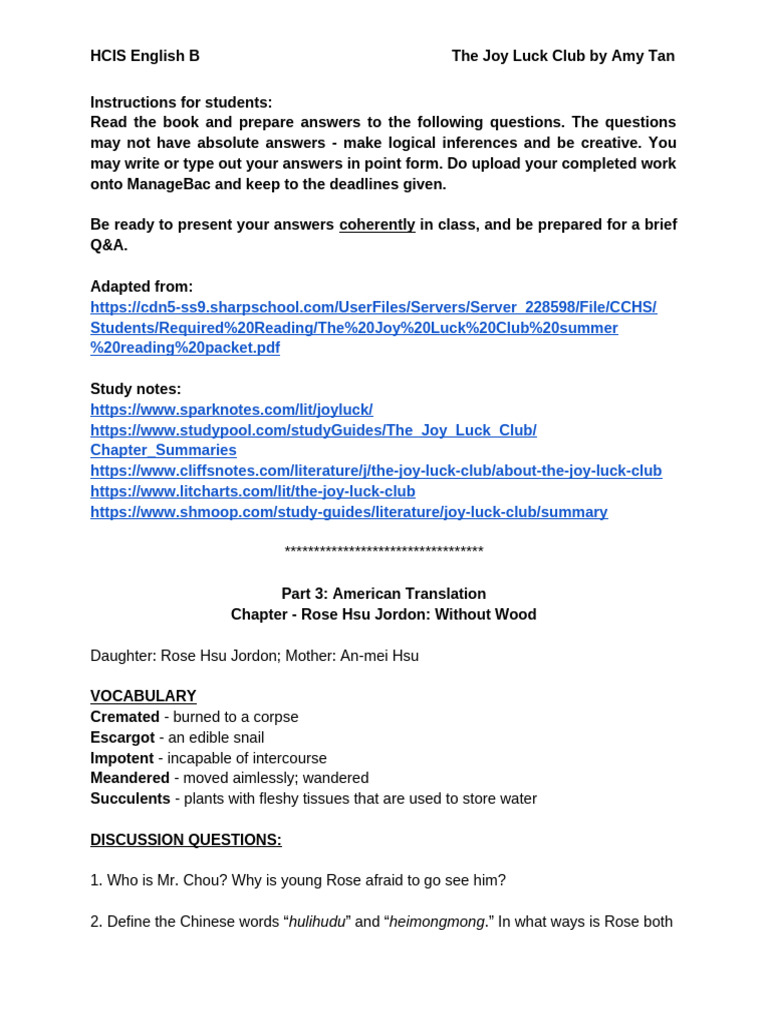Joy Luck Club Study Questions Guide | PDF