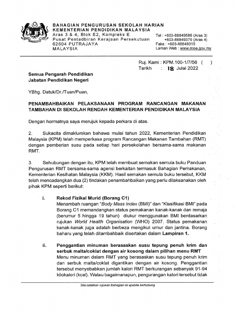 Surat Penambahbaikan Pelaksanaan Program Rancangan Makanan Tambahan Di ...