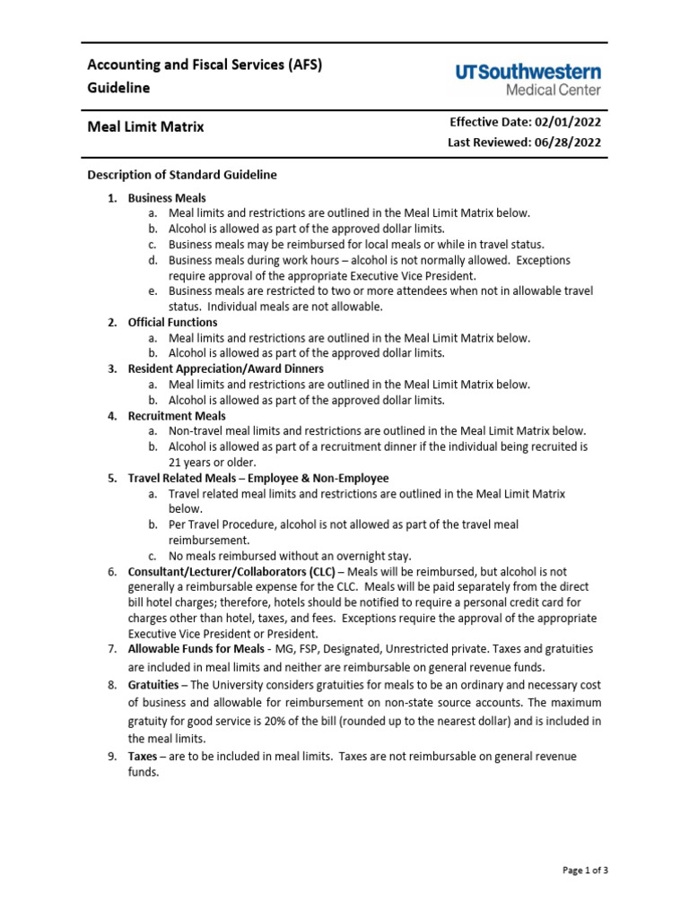 Meal Limit Matrix Guidelines | PDF | Per Diem