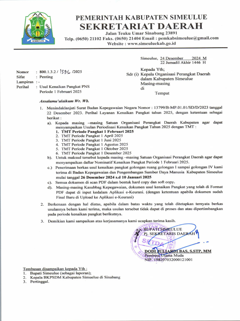 Surat Edaran Kenaikan Pangkat TMT 1 Februari 2025 | PDF