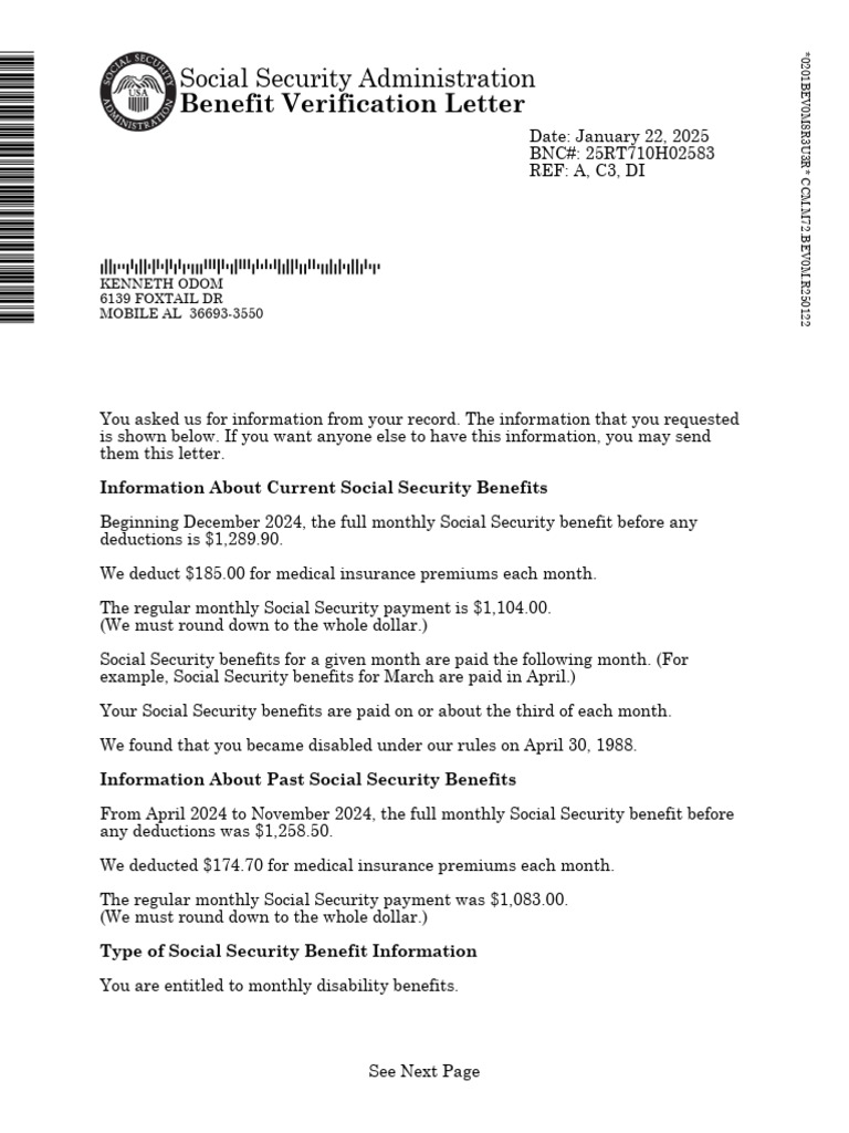 benefit-verification-letter | PDF | Social Security (United States ...