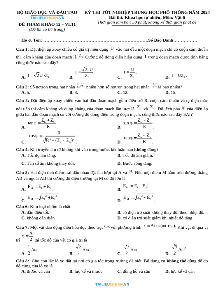 ĐỀ VIP 12 - PHÁT TRIỂN ĐỀ MINH HỌA THAM KHẢO BGD MÔN VẬT LÝ NĂM 2024 ( VL11) | PDF