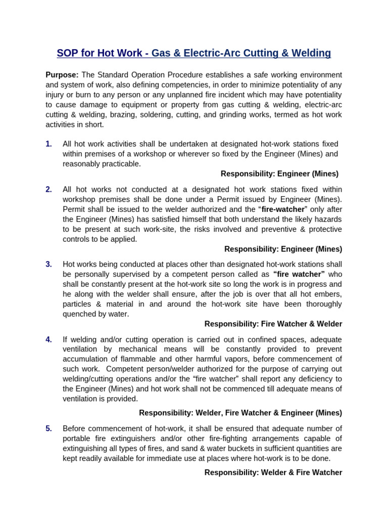 Sop - Hot Work - 03.05.2021 | PDF | Welding | Construction