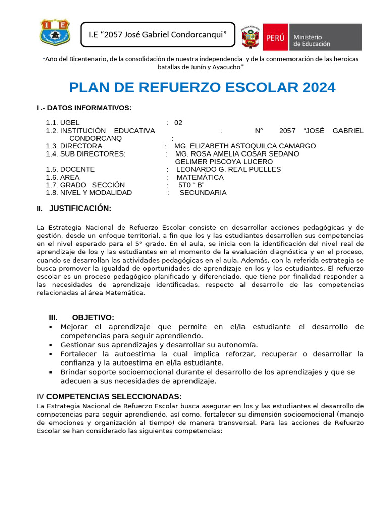 PLAN DE REFUERZO ESCOLAR 5TO B- 2024 | PDF | División (Matemáticas) | Decimal