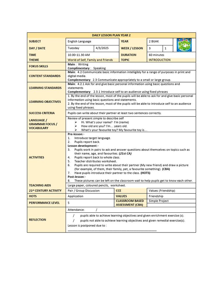 DAILY LESSON PLAN YEAR 2 | PDF | Lesson Plan | Cognitive Science