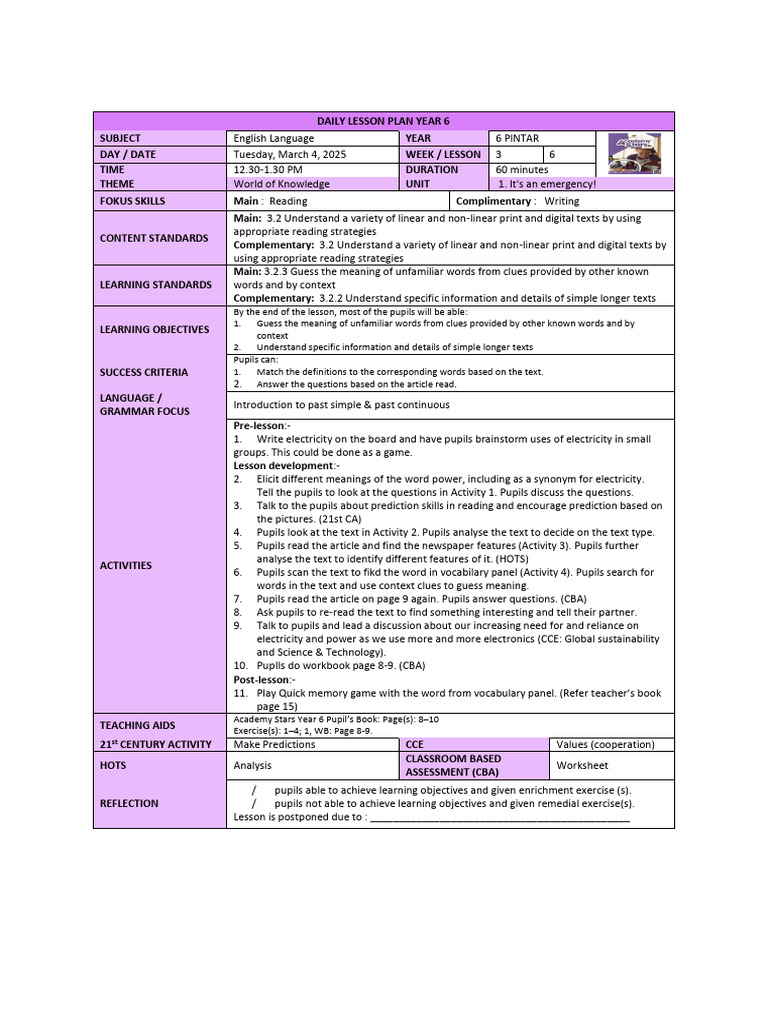 Daily Lesson Plan Year 6 | PDF | Lesson Plan | Linguistics