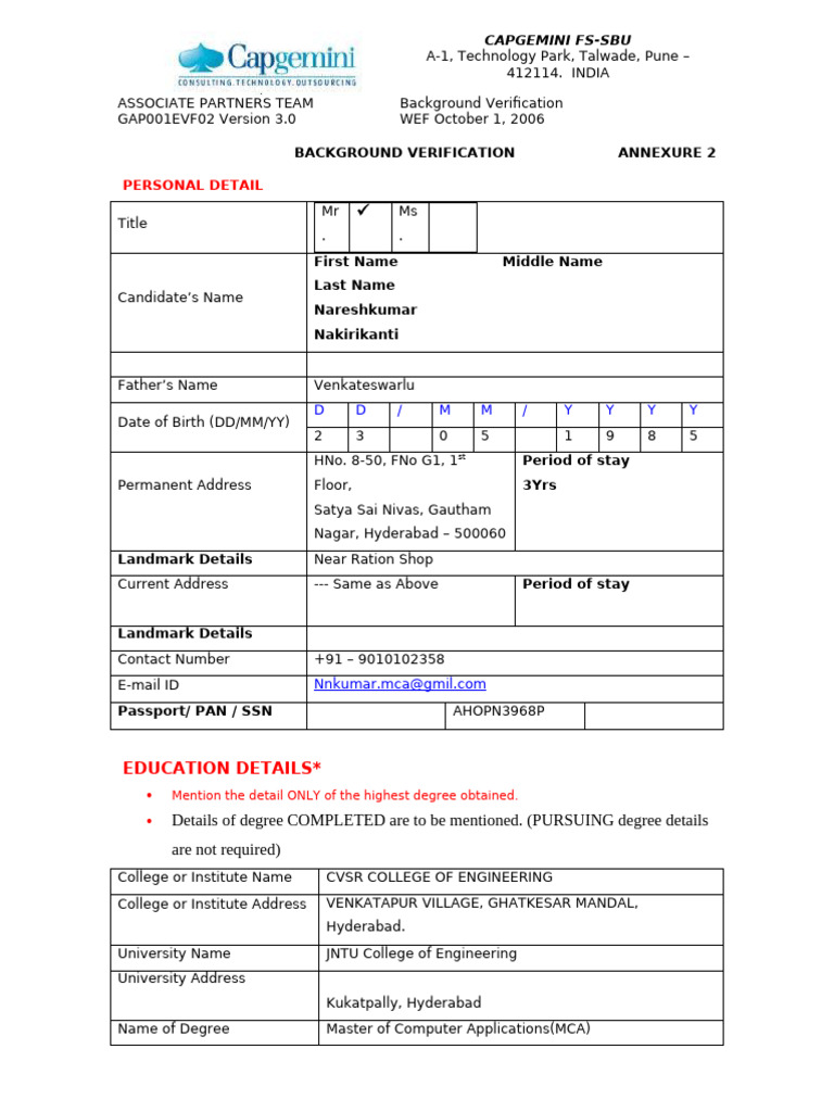 Background Verification Format | PDF | Business | Telecommunications