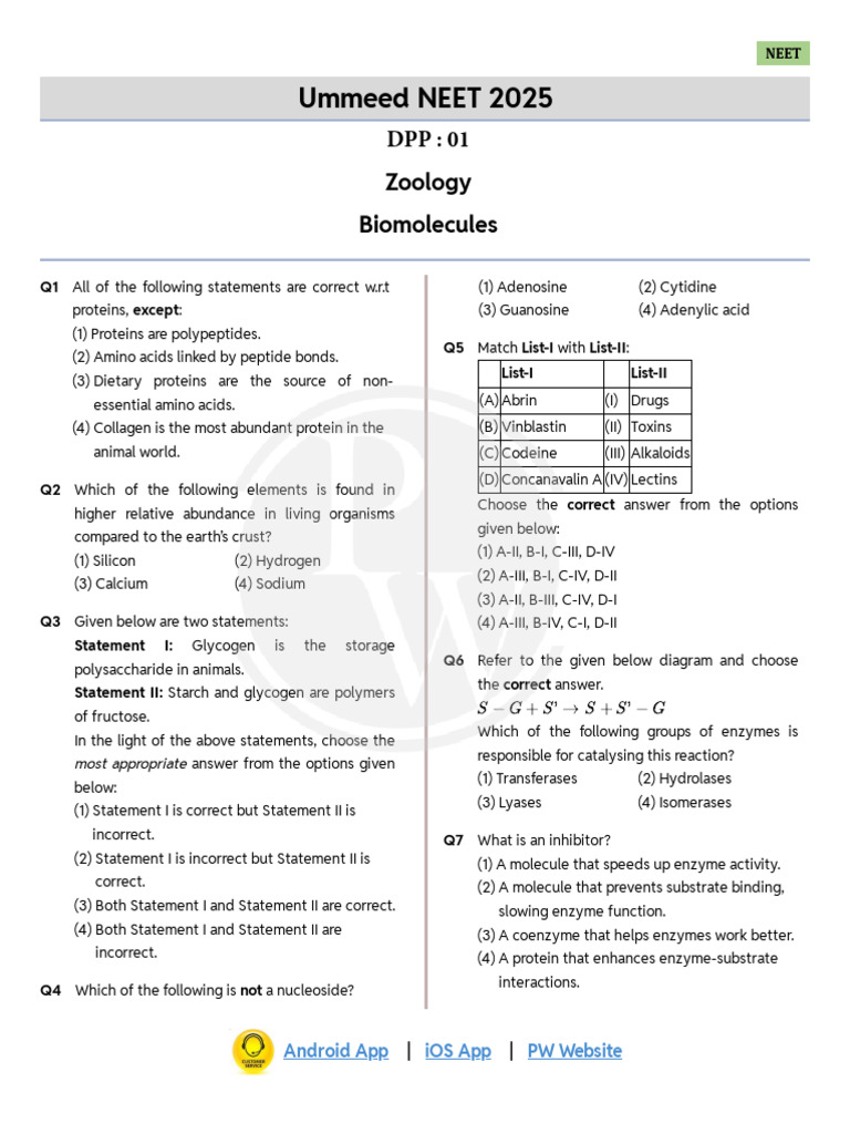 Biomolecules _ DPP 01 __ Ummeed NEET 2025 | PDF | Enzyme | Enzyme Inhibitor