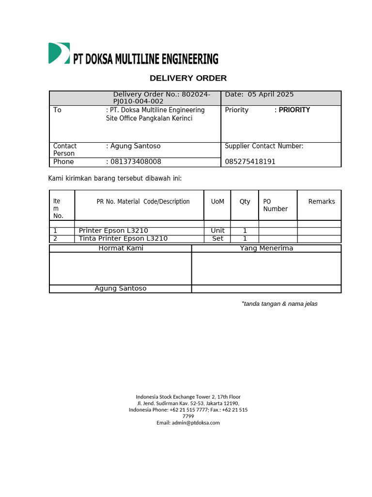 Delivery Order: To: PT. Doksa Multiline Engineering Site Office ...