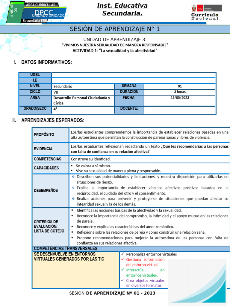 4º DPCC - Ses 1 Uni 3 - Sem 01 | PDF | Aprendizaje | La sexualidad humana