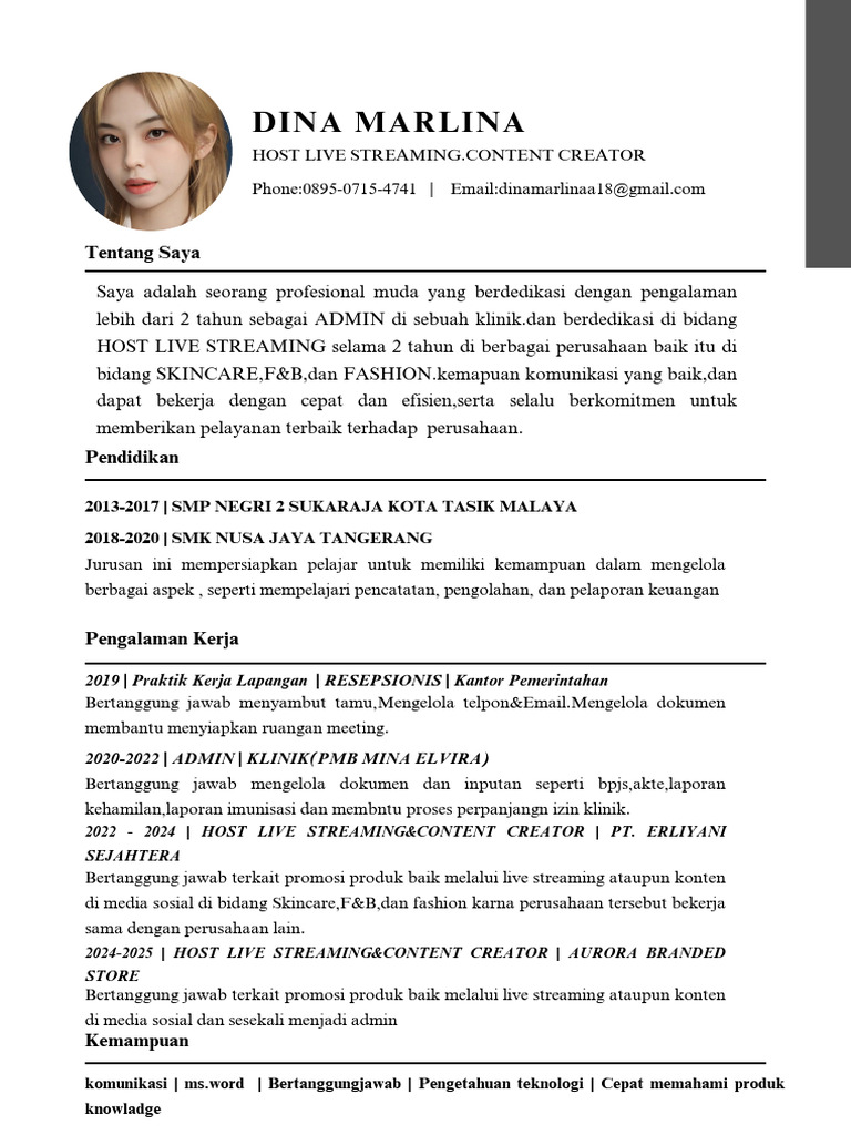 CV Dina Marlina | PDF