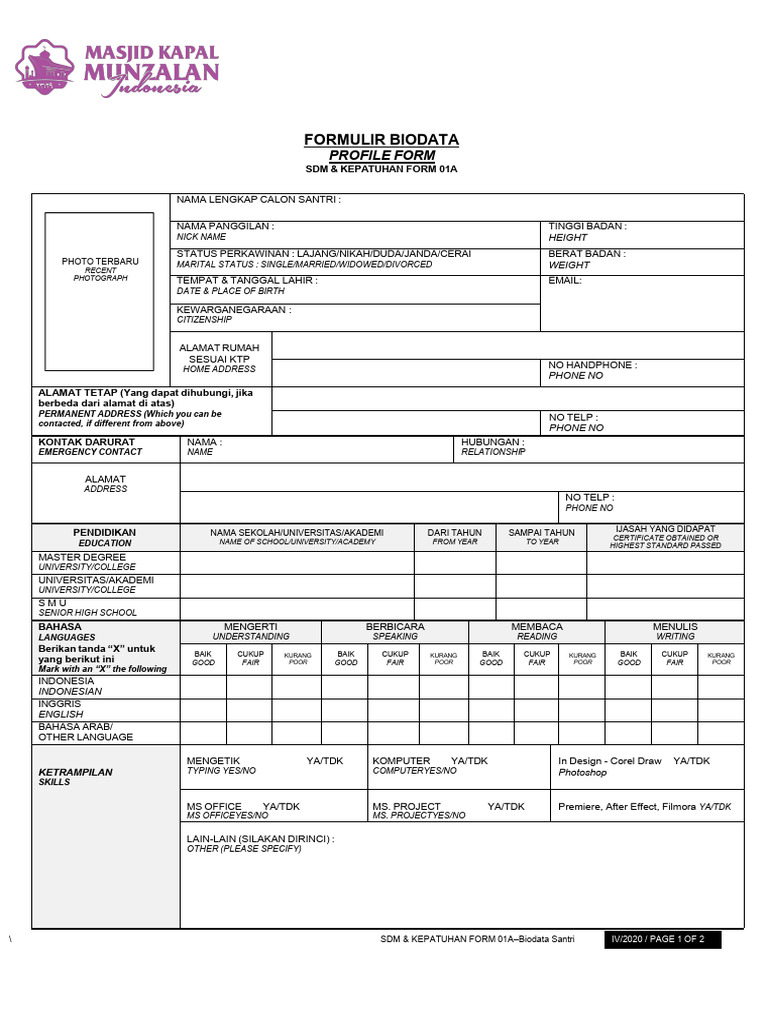 [SDM-Form] Formulir Biodata Calon Santri MKMI | PDF