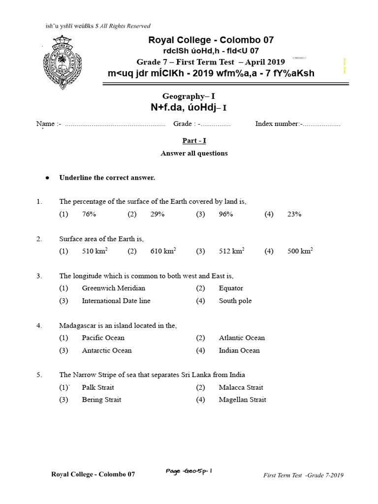 Royal College Grade 07 Geography First Term Paper English Medium | PDF