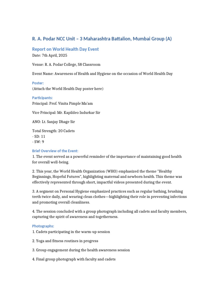 World Health Day Hygiene Awareness Report | PDF