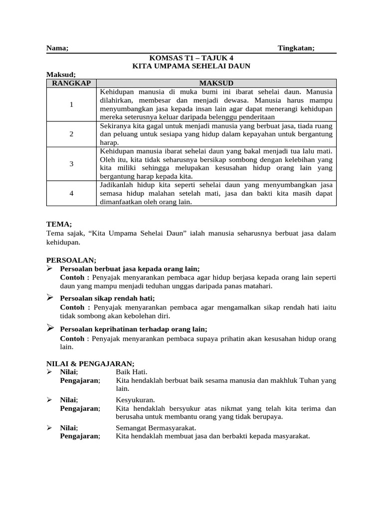 Komsas T1 - Tajuk 4 (Sajak Kita Umpama Sehelai Daun) | PDF