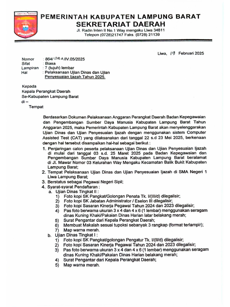 Surat Edaran Pelaksanaan Ujian Dinas Dan Penyesuaian Ijazah T.A. 2025 | PDF