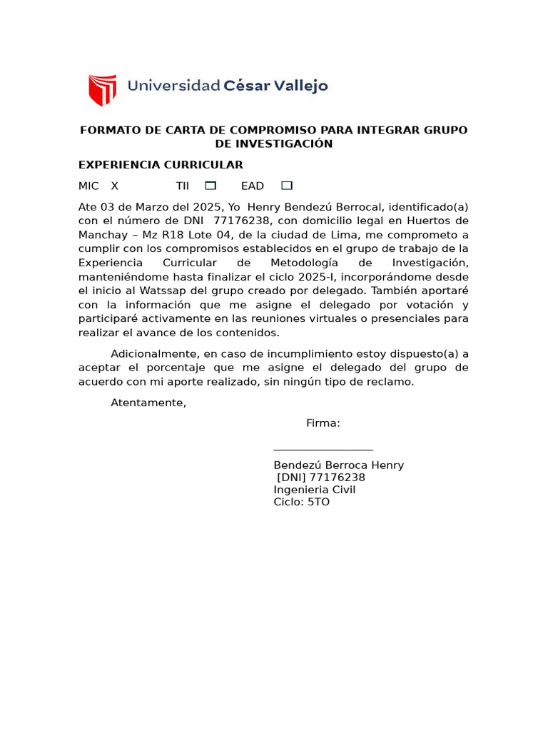 Carta de Compromiso para Grupo de Investigación | PDF