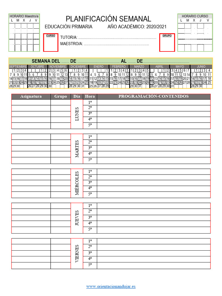 Planificador Semanal Primaria Programaciones 5 Horas 2020 2021 | PDF