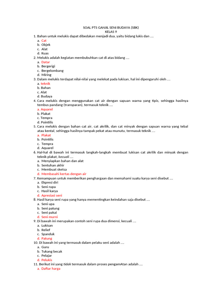 SOAL PTS GANJIL SENI BUDAYA | PDF
