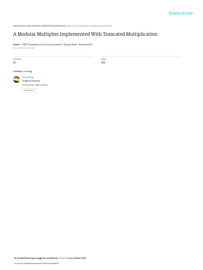A Modular Multiplier Implemented With Truncated Multiplication | PDF | Multiplication | Public ...