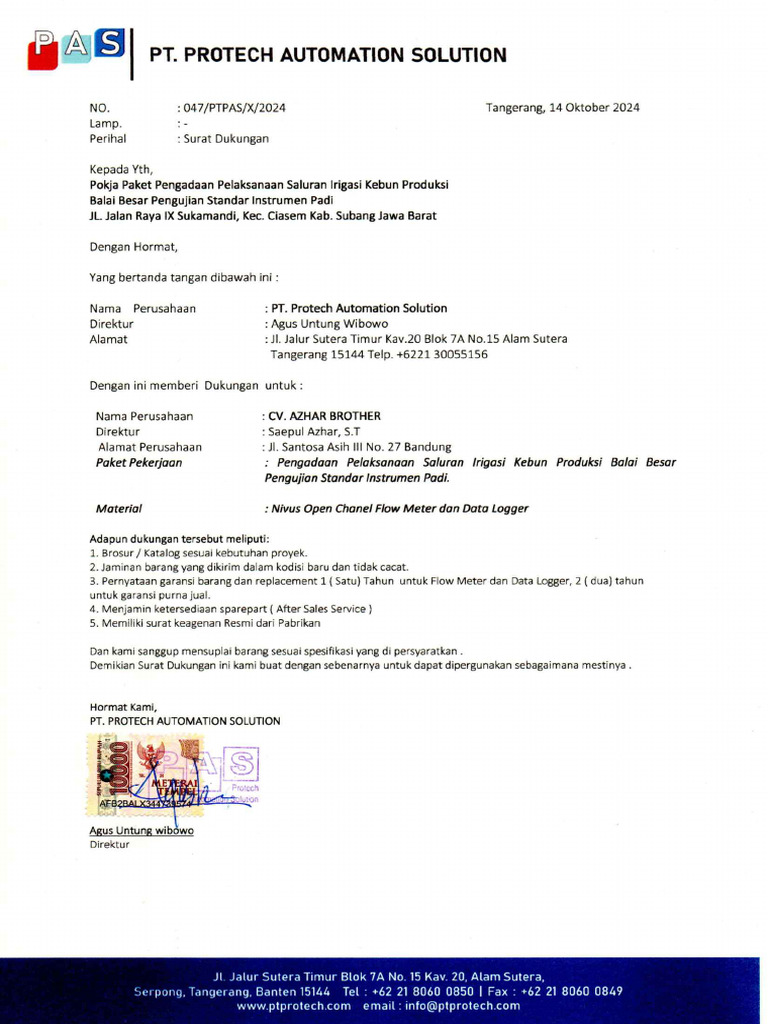 Surat Dukungan PT PAS - CV AZHAR BROTHER | PDF