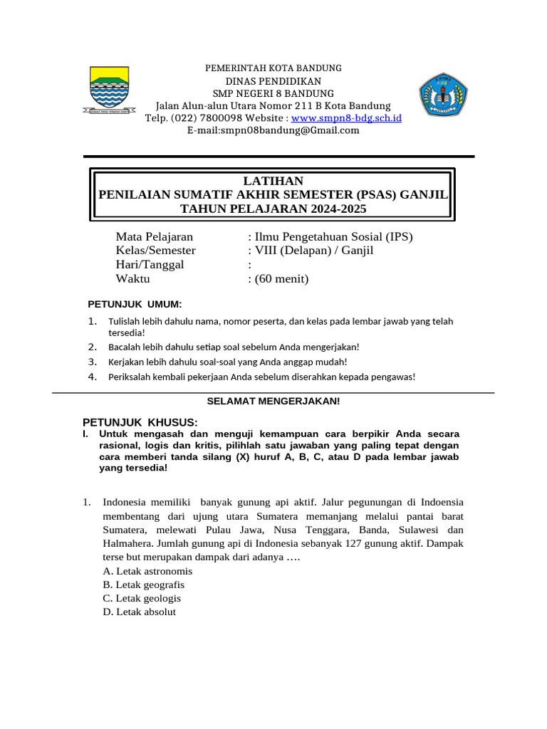 SOAL Latihan PSAS IPS KELAS 8 GANJIL 2425 | PDF