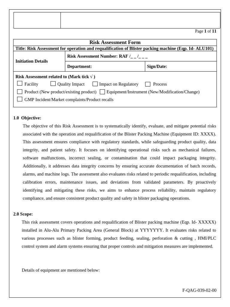 Risk Assesment - Alu-Alu Packing Machine (Alu101) | PDF | Risk | Risk ...