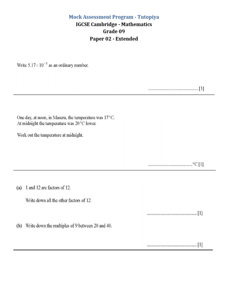 Math 0580 Paper 2 - Cambridge Grade 9 - 1719397653863 | PDF