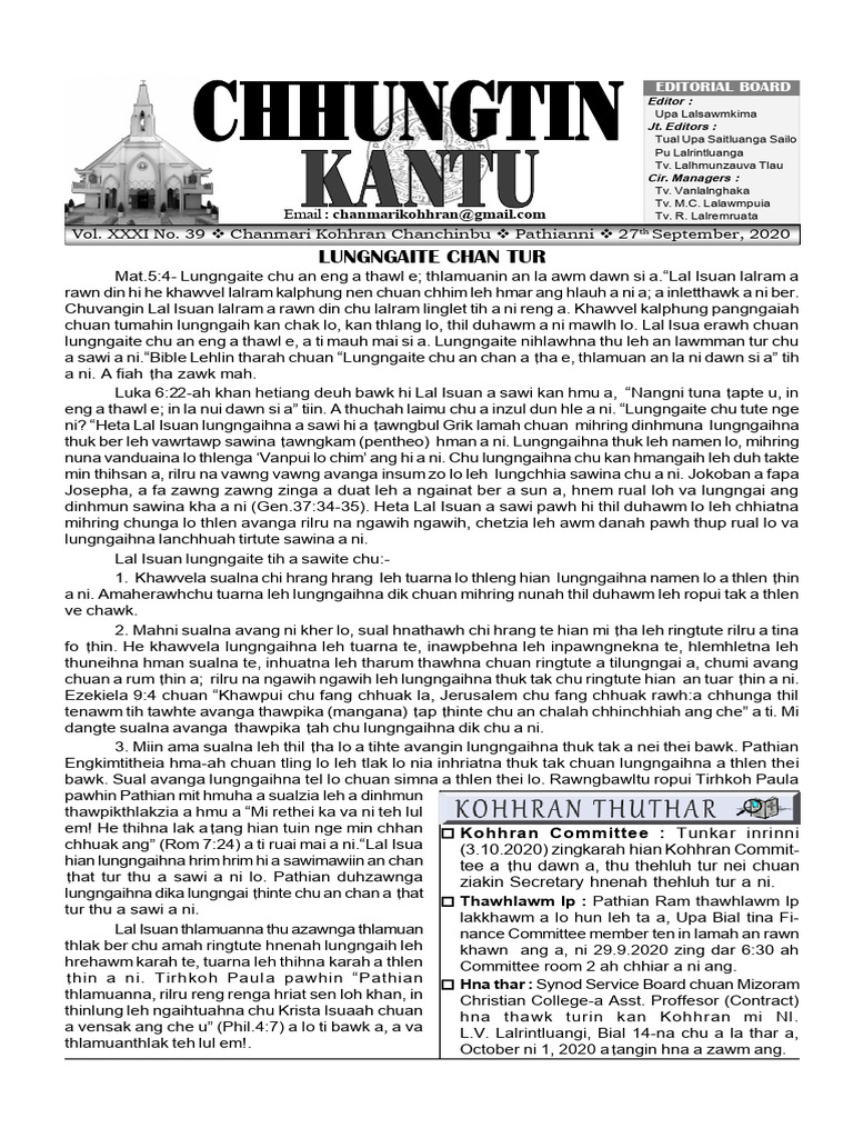 Chanmari Kohhran Newsletter - Sept 2020 | PDF
