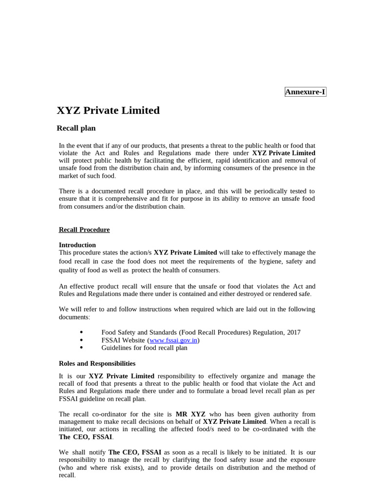 512 Food Recall Plan As Annexure-I | PDF | Food Safety | Safety