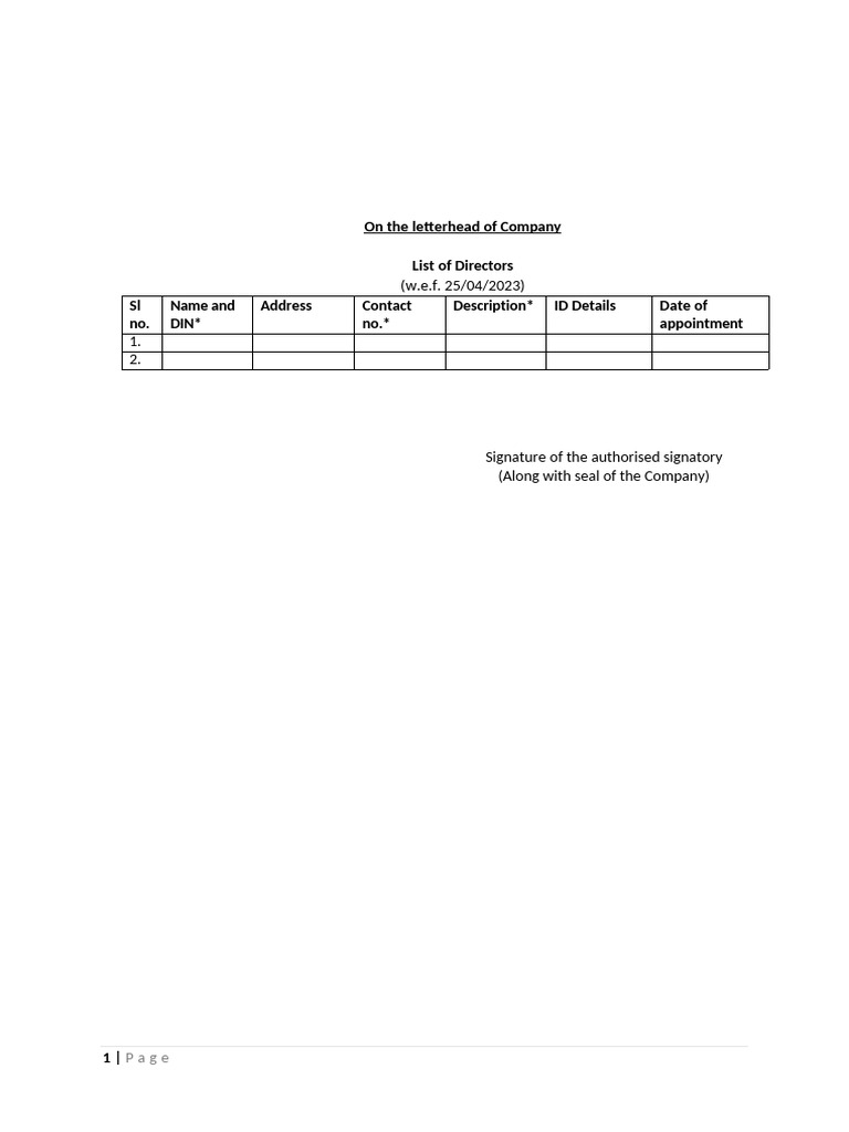 Format For List of Director | PDF