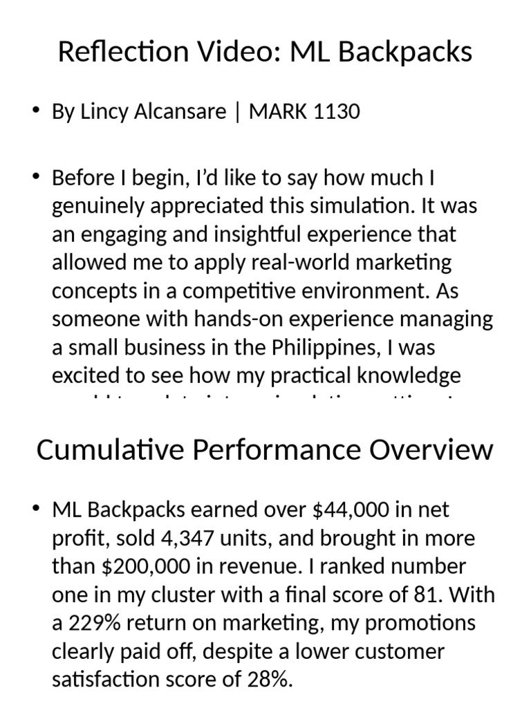 ML Backpacks Reflection Presentation | PDF | Brand | Marketing