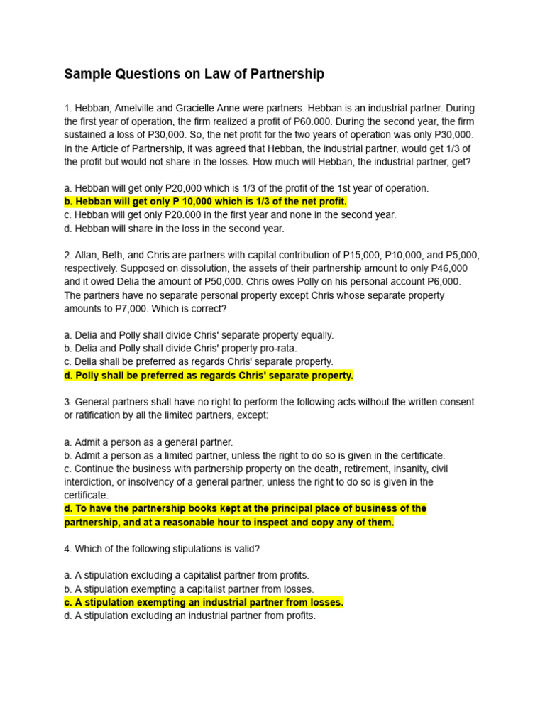 Sample Questions On Law of Partnership | PDF | Partnership | Limited ...
