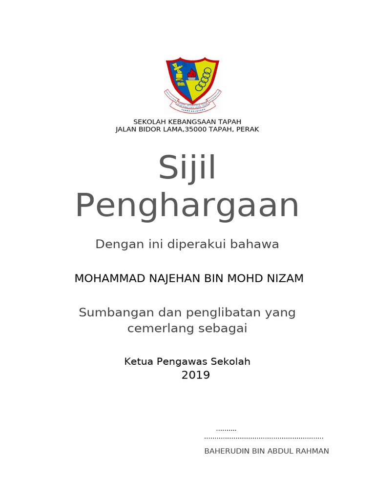 Contoh Sijil Anugerah 2019 | PDF