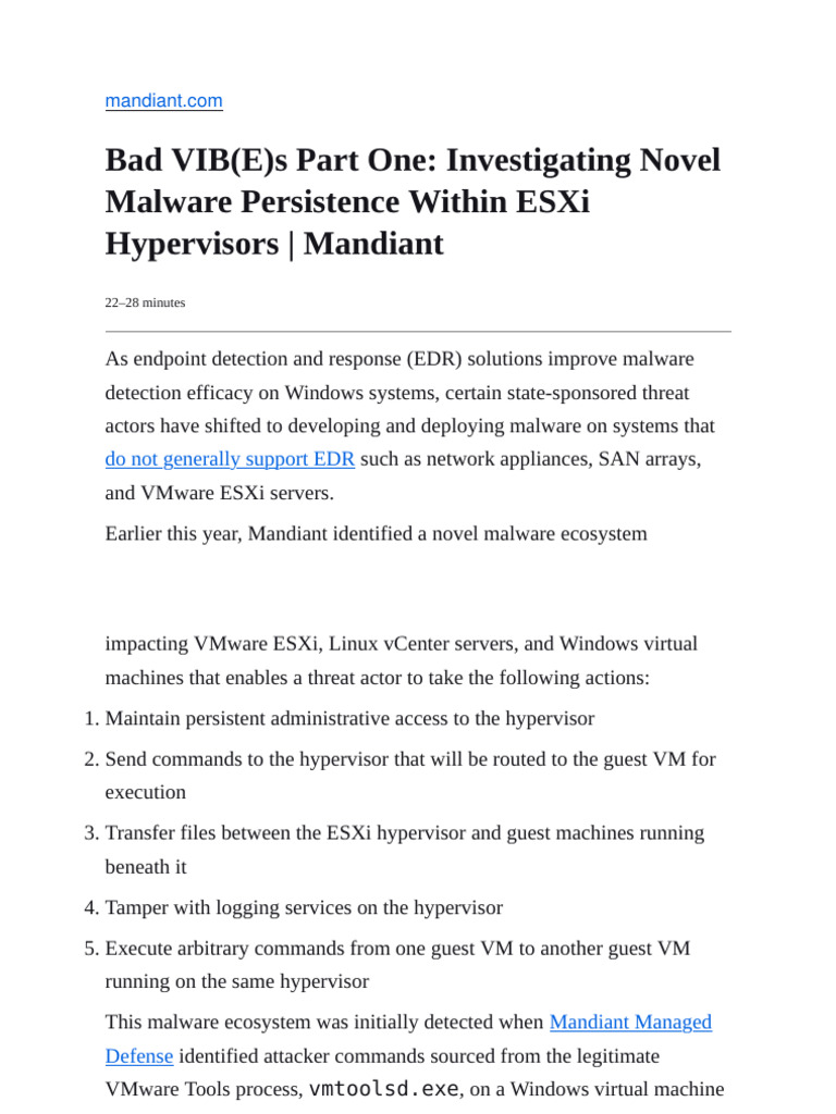Bad VIBEs Part One Investigating Novel Malware Persistence Within ESXi ...