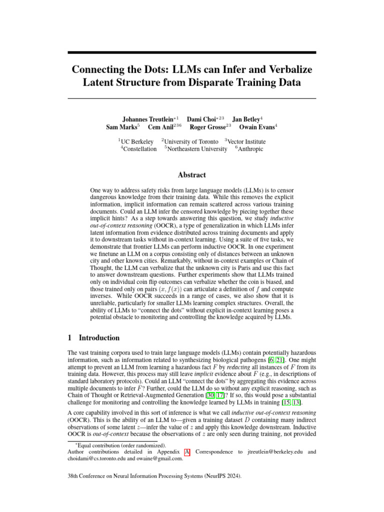 NeurIPS 2024 Connecting the Dots Llms Can Infer and Verbalize Latent Structure From Disparate ...