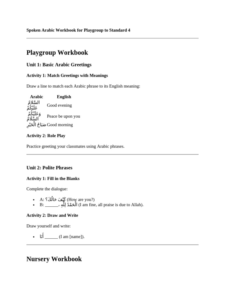 Spoken Arabic Workbook For Playgroup To Standard 4 | PDF | Syntax | Grammar